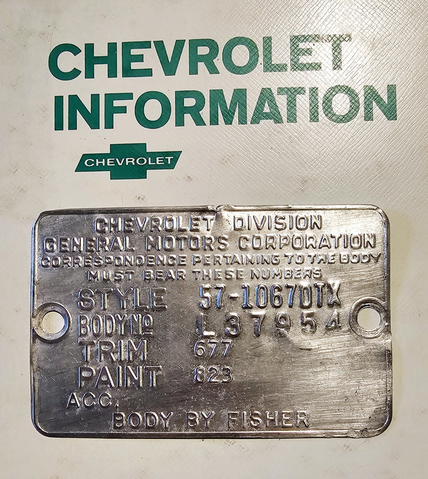 Used 1957 Chevrolet Bel Air Convertible Trim Cowl Data Tag Laurel Green ...