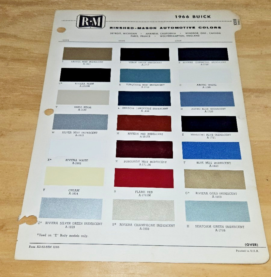 Used 1966 Buick Paint Chip Chart R-m Original Oem Codes Automotive ...