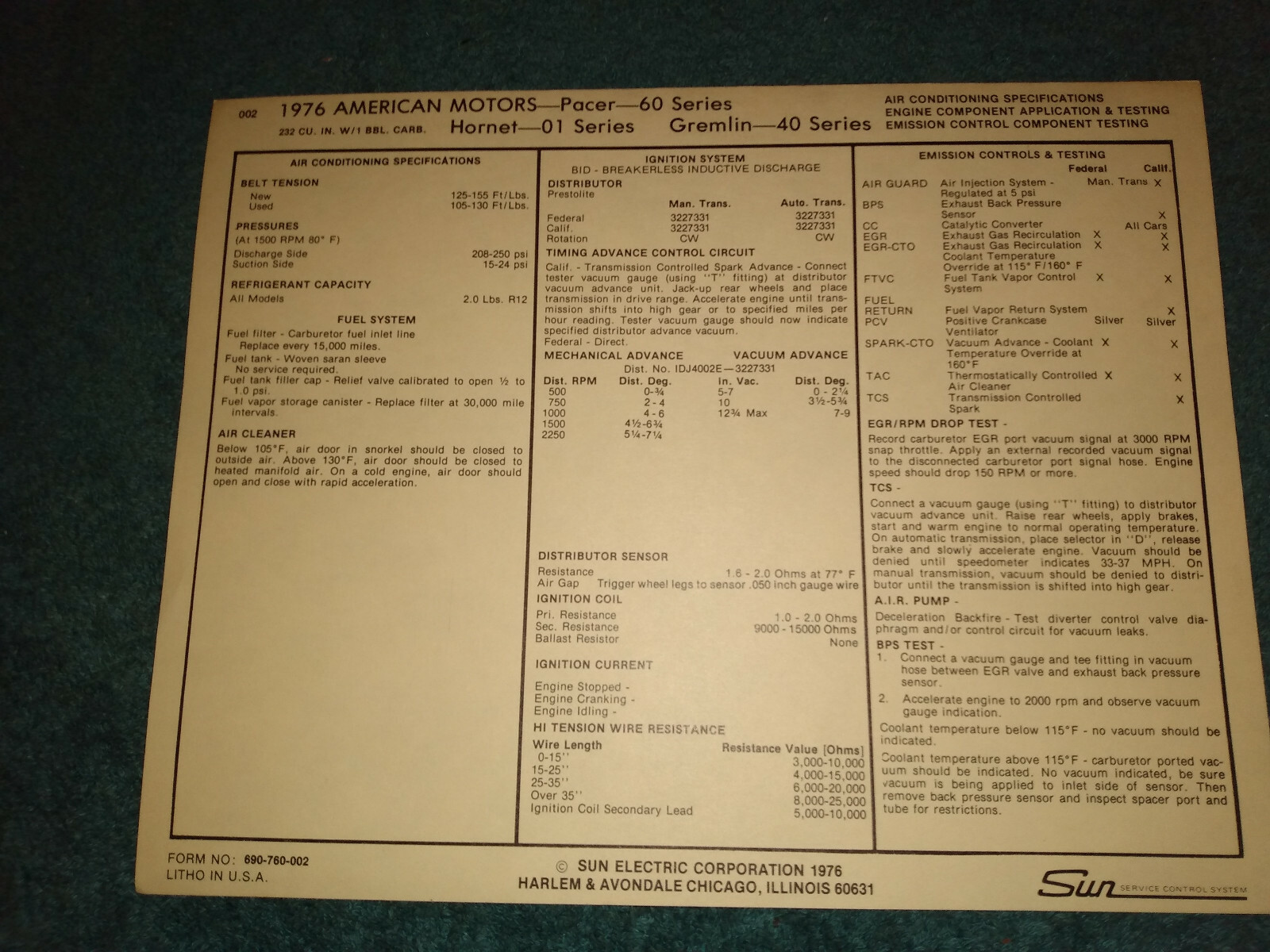 Used 1976 Amc Gremlin / Hornet / Pacer 232 I-6 Engine Sun Tune-up Chart ...